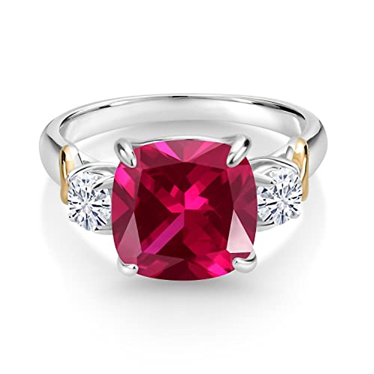 Gem Stone King 925 Sterling Silver and 10K Yellow Gold Cushion 10MM Gemstone Birthstone and Round 4MM White Moissanite 3 Stone Ring For Women Available In Size 5, 6, 7, 8, 9