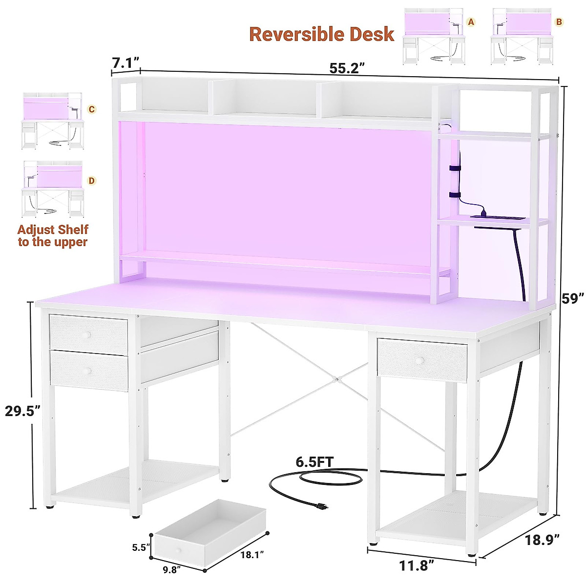 Aheaplus Desk with LED and Outlets, Gaming Desk with Hutch, 55.2'' Computer Desk with Drawers, Reversible Office Desk with Storage Bookshelf Large Workstation Desk with Shelf, Desk for Home, White
