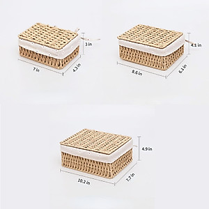 Rattanzenith Small Wicker Basket with Lid Paper Rope Storage Baskets for Shelves Set of 3 Tampon Holder with Lid and Removable Liner for Bathroom Makeup Closet Drawer Desk Organizer (Khaki)