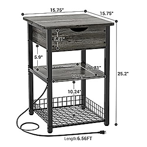 Cyclysio Nightstand Set of 2 with Charging Station, End Table Side Table with USB Ports and Outlets, Flip Top Night Stands with Shelves, Slim Bedside Sofa Table for Living Room, Bedroom, Gray Oak