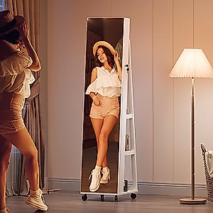 YITAHOME Mirror Jewelry Cabinet with Lights Standing Jewelry Armoire Storage Rotatable Full Length Mirror Jewelry Organizer Lockable Jewelry Armoire with Wheels for Bedroom, Cloakroom, White