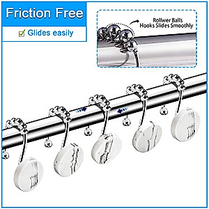 Marble Shower Curtain Ring Hooks Rust Proof Decorative for Bathroom Towel Clothes Kitchen Utensil Living Room (White with Glide Balls)