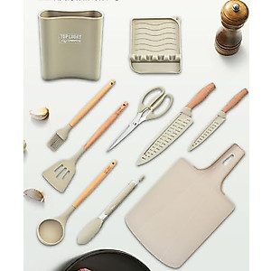 Kitchen Utensils Set-Cooking Utensils Set, 13-in-1 Kitchen Set with 8 Pieces Cooking Utensils+5 Pieces Knife Set with Block, Kitchen Utensils Non Stick and Heat Resistant Large Silicone Spatula, Khaki