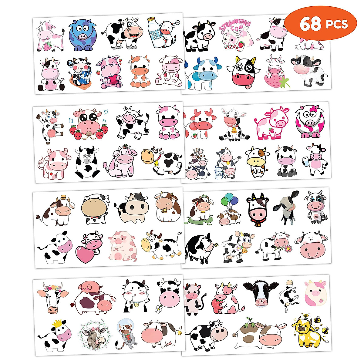 Cow Temporary Tattoos for Kids, Cow Birthday Party Decorations Supplies Party Favors Supper Cute 8 Sheet 68Pcs Strawberry Cow Tattoo Sticker Style Milk Gift Ideals for Boys Girls Schools Prizes Themed
