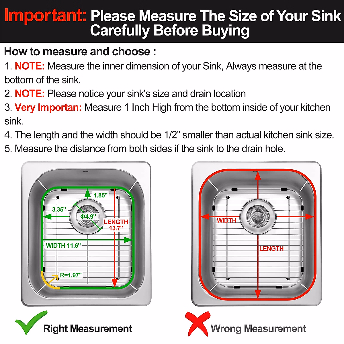 ARLBA 2 Pack 304 Stainless Steel Sink Protectors for Kitchen Sink with Rear Drain Hole,13.2"x11.5"x1.25" Kitchen Sink Grid Universal,Sink Grate Sink Rack for Bottom of Sink with 2Pack Sink Strainers