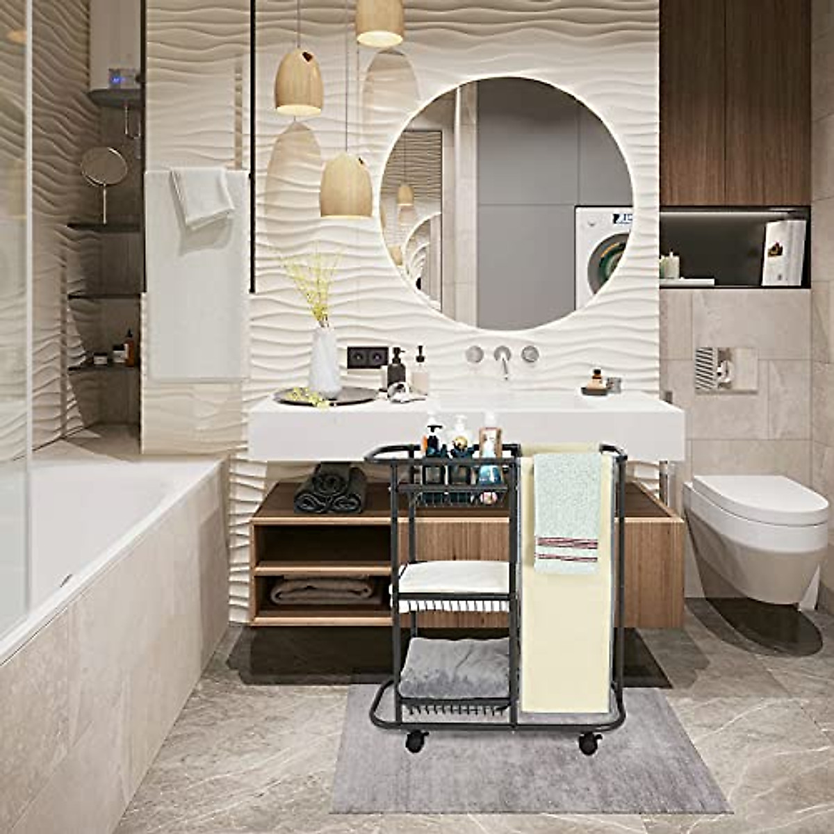 Lucalda Laundry Sorter Cart Movable Bathroom Organizer Gray Laundry Storage Baskets with Heavy Duty Rolling Wheels 3-Tier Storage Shelves with 1 Bag for Clothes