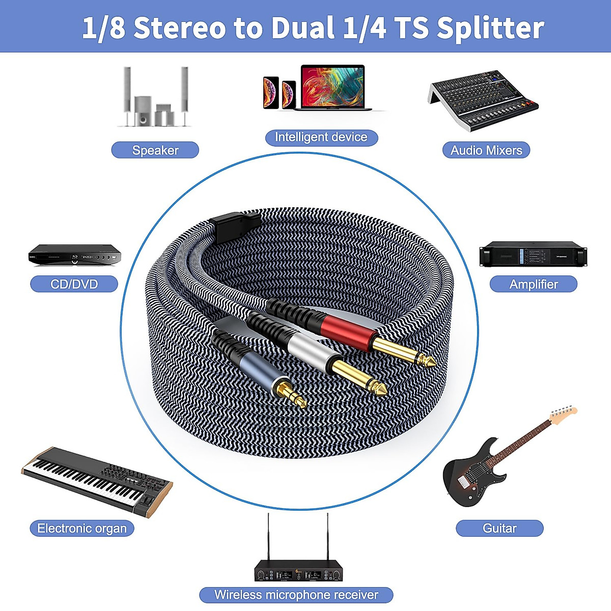 TAISUSAN 1/8 Stereo to Dual 1/4 Mono Cable 15ft, 3.5mm to Dual 1/4 Cable, 1/8 inch TRS Stereo to Dual 1/4 inch Splitter