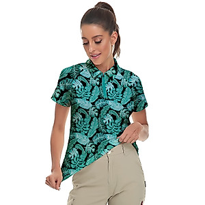 Women Summer Floral Print Polo Shirts Short Sleeve Golf Shirts Dry Fit (Green Printed, Large)