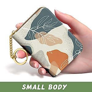 Aiawoxc Credit Card Holder, Small RFID Card Wallet Slim Leather Card Organizer Case with Zipper & Keychain, Abstract Boho Leaves