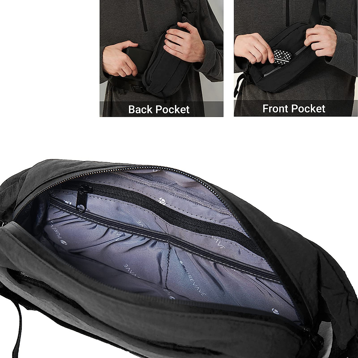 Purevave Washed Nylon Small Sling Bag for Men, Crossbody Bag for Men, Mens Sling Bag Crossbody 2.5L (Black)