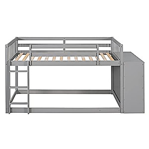 Harper & Bright Designs Twin Over Twin Bunk Bed with Storage, Wood Floor Bunk Beds with 4 Drawers & 3 Shelves, Low Bunk Bed, Twin Loft Bed for Kids, Girls Boys, Teens, Adults (Gray)