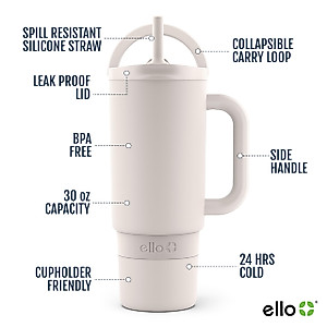 Ello Port 30oz Tumbler with Carry Loop & Integrated Handle | Vacuum Insulated Stainless Steel Reusable Water Bottle Travel Mug | Leak Proof Lid | Flexible Straw | BPA-Free | Dishwasher Safe | Cream