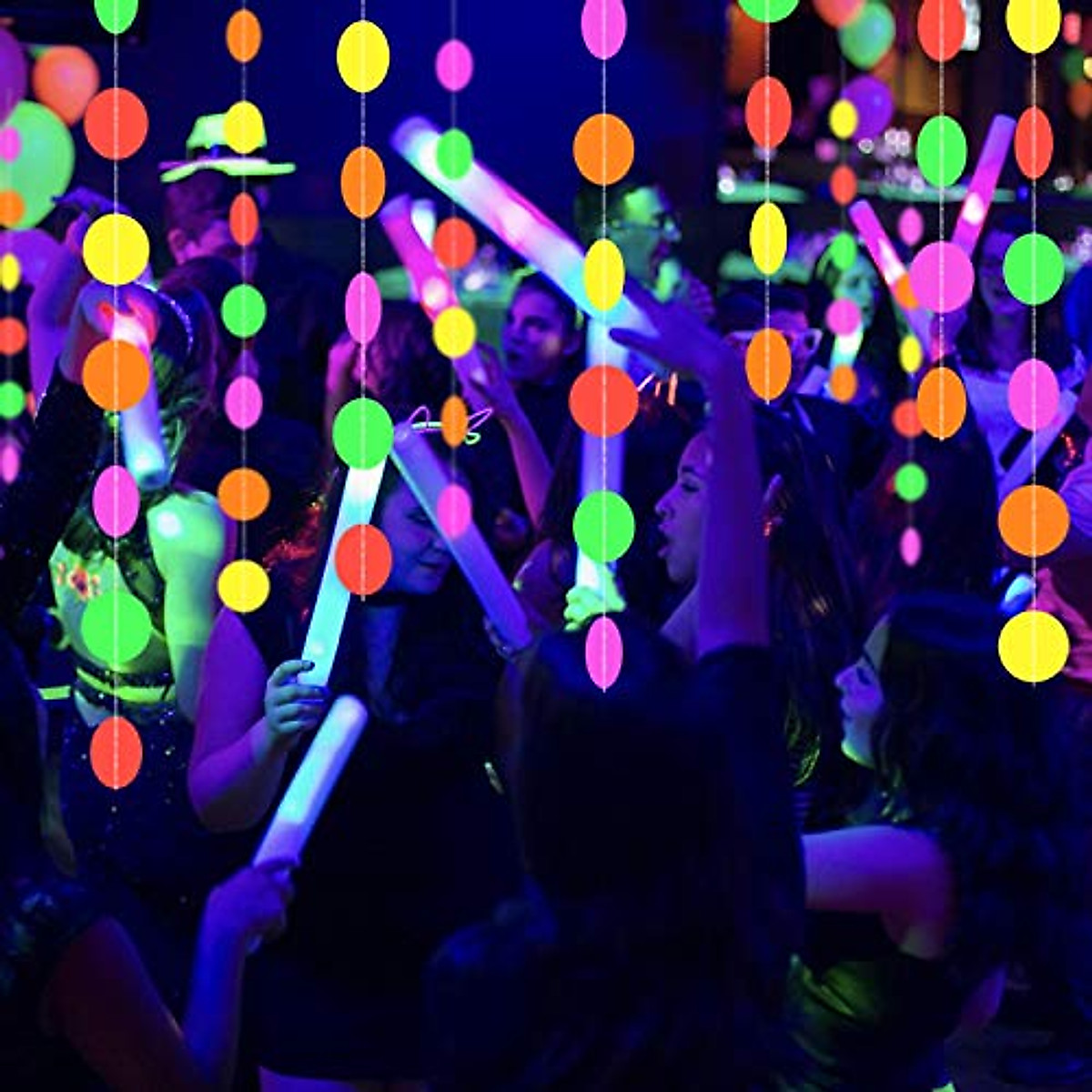 UNIIDECO Neon Paper Circles Garland Rave Black Light Birthday Decorations, Glow in The Dark Party Supplies, UV Blacklight Reactive Decoration Room Decor, Hanging Circle Dots Streamers Wall Backdrop