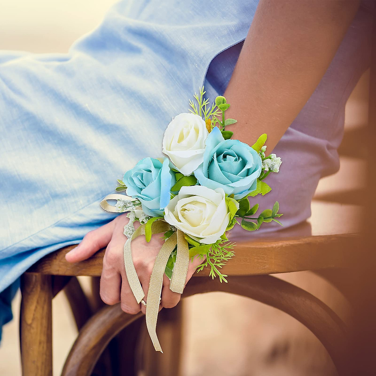 Yunlly 2 Pcs Boutonniere Wrist Corsage Set Artificial Rose Corsage Wristband Boutonniere Flower Decor Wrist Corsage for Men Women Bride Bridesmaids Wedding Accessories Prom Suit Decor (Blue, White)