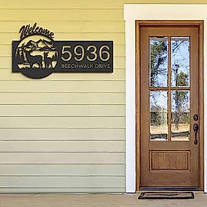 Personalized Couple Deer Mountain Scene Wildlife Welcome Address Sign House Number Plaque Custom Metal Sign 8x8 inches Black Power Coated Home Outdoor Decor Housewarming Gifts