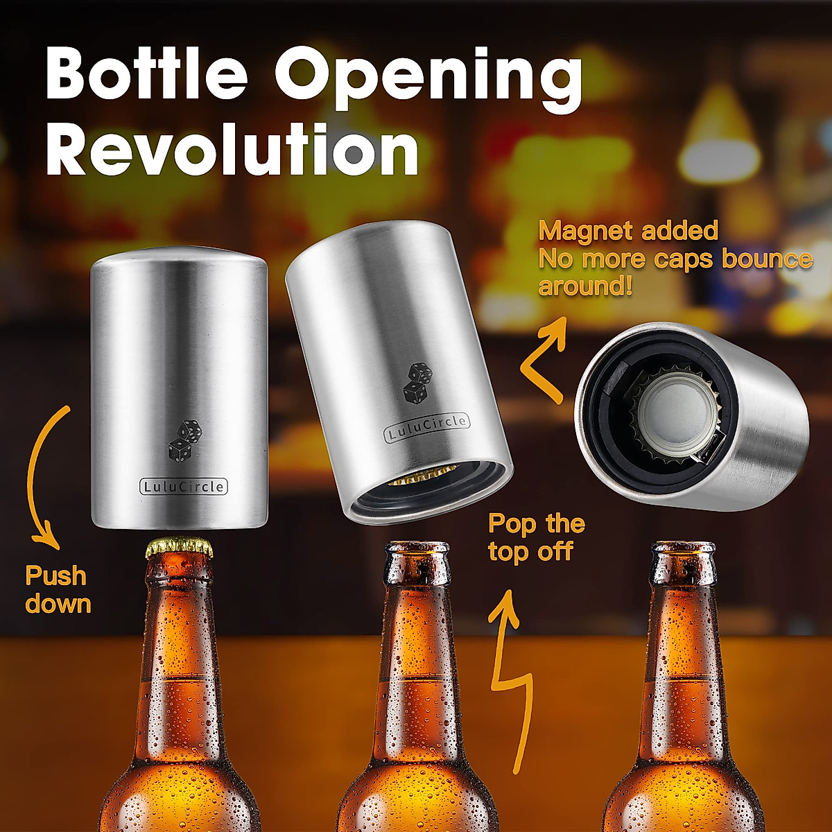 Beer Bottle Opener, Automatic Magnetic Bottle Openers, Funny Gifts, Soda Cap Opener, Stainless Steel Push Down Opener, My Beer Buddy, 2 Openers, 20 Stickers