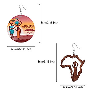 12 Pairs African Map Women Earrings Round Natural Wooden Painted Earrings Ethnic Style Dangle Earring (African Themed Patterns)