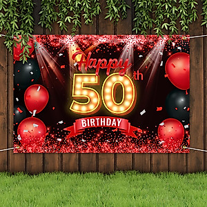 Happy 50th Birthday Banner Backdrop Red and Black 50 Years Old Background Bday Decorations for Women Men Photography Party Supplies Glitter