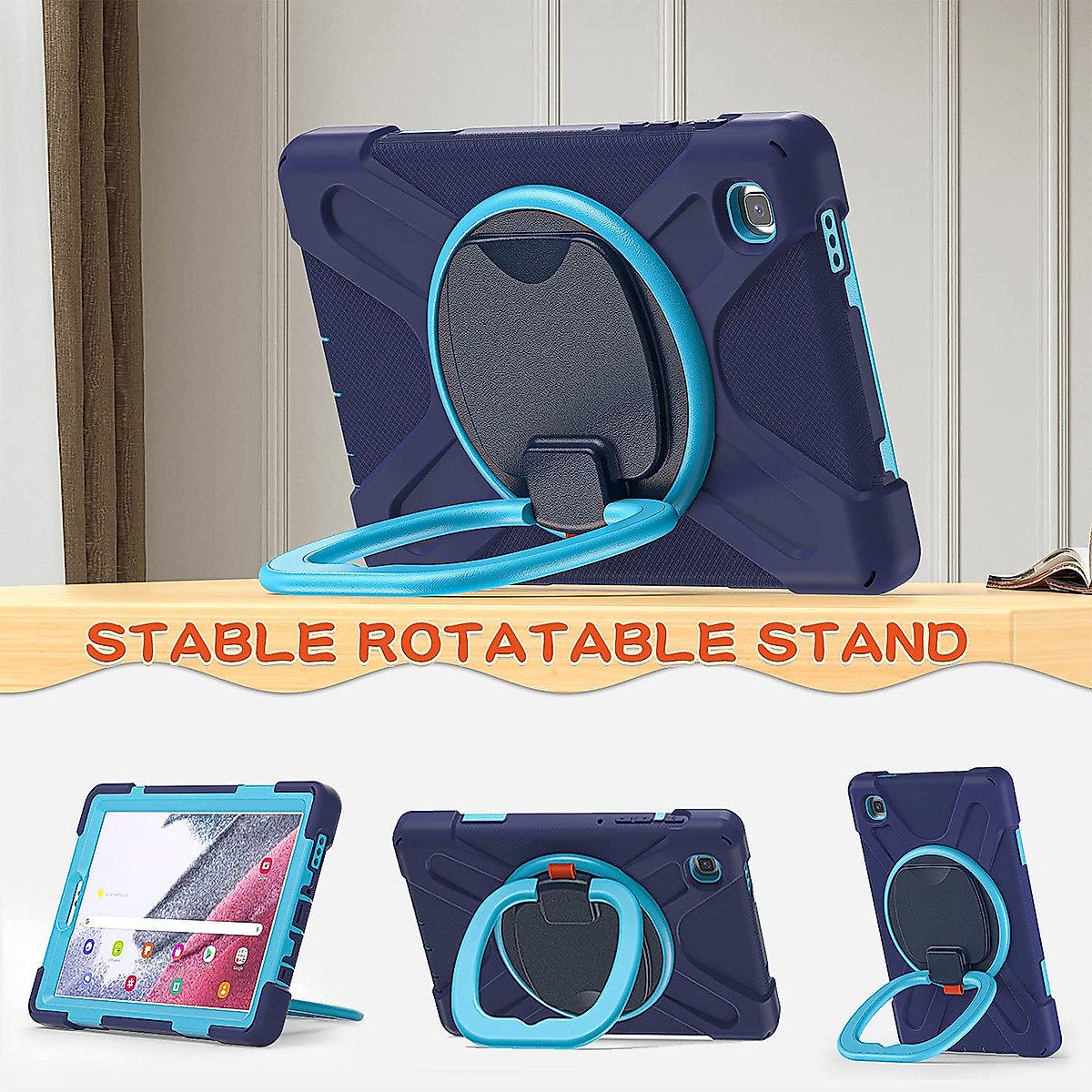 Case for Samsung Galaxy Tab A7 Lite 8.7'' with Pencil Holder - Rotating Handle Grip &Stand -Shoulder Strap, SCSVPN Rugged Protective Kids Case for Galaxy Tab A7 Lite 2021 SM-T220/T225/T227, Navy/Blue