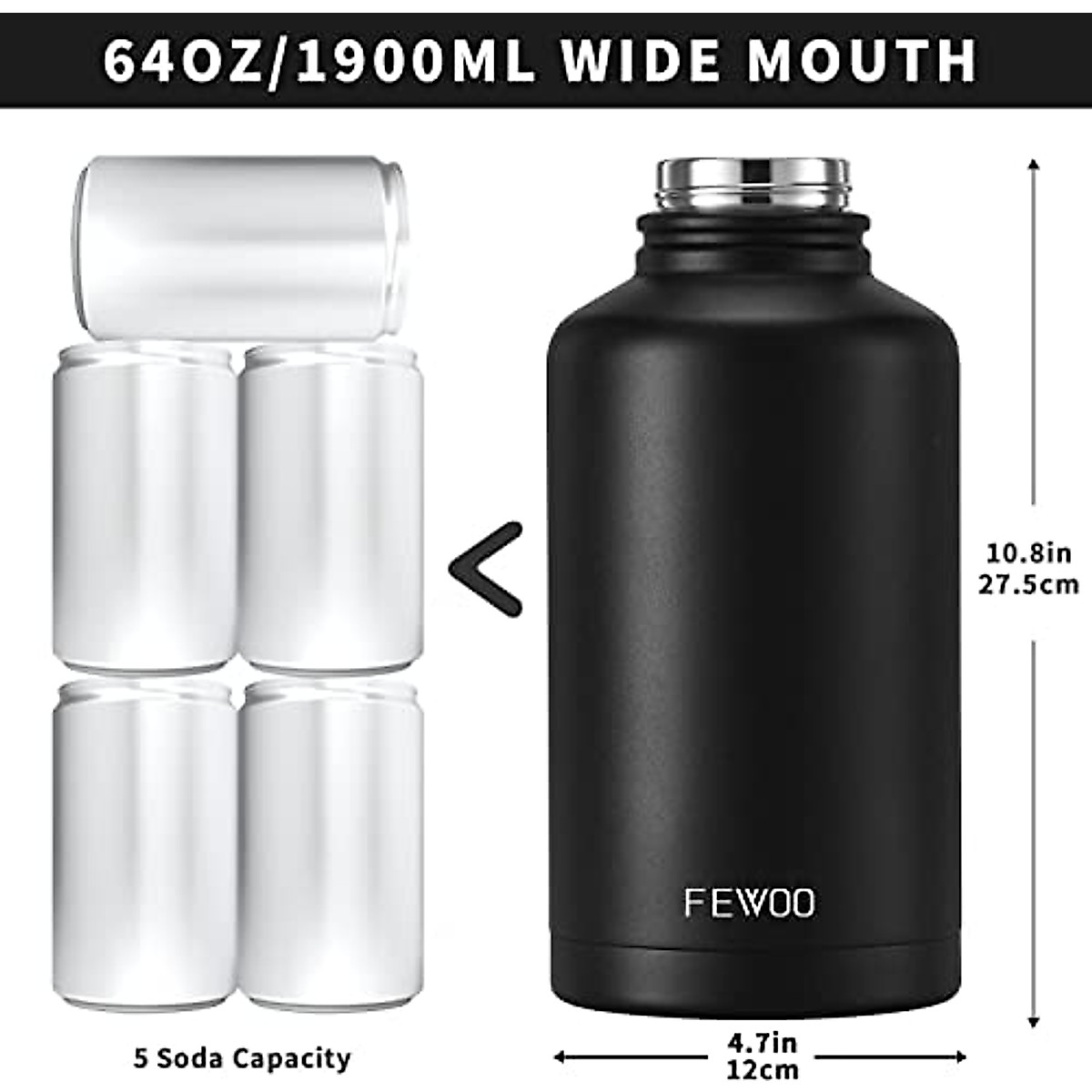 FEWOO Insulated Water Bottle 64 oz, Half Gallon Stainless Steel Water Flask, Double Wall Vacuum Metal Water Jug with Straw Leakproof Sport Lid and Straw Lid for Hiking Camping (64oz, BLACK)