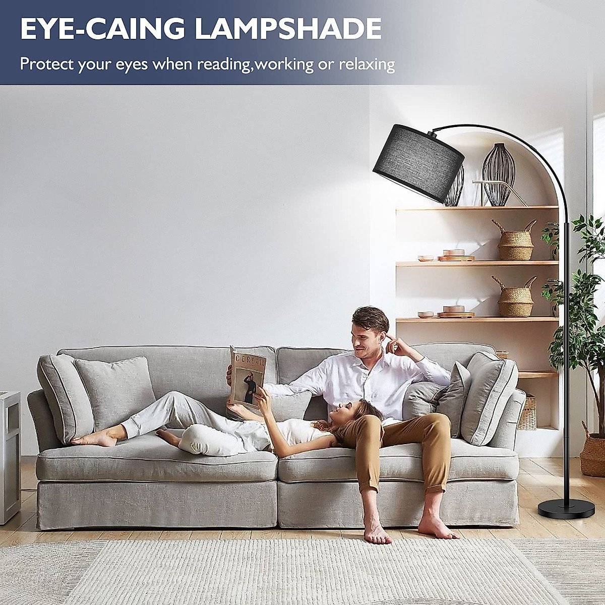 Arc Floor Lamps for Living Room, Modern Remote Control Standing Lamp with Stepless Dimmable, Black Tall Lamp with Black Drum Shade, Over Couch Arched Reading Light for Bedroom, Office(Bulb Included)