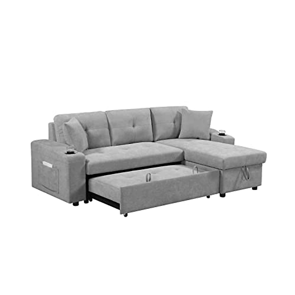 Cotoala L-Shape Sectional Sofa with Pull-Out Bed and Storage Space, Right Chaise Longue Convertible Sleeper Couch w/ 2 Cup Holders & Side Pockets, for Living Room, Apartment, 92", Gray