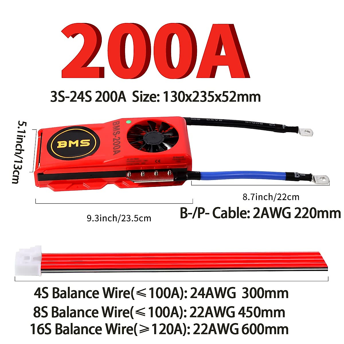 HiXiMi LiFePO4 BMS 16S 48V 200A Lithium Iron Phosphate Battery Management System with Cooling Fan and Balance Leads Wires for DIY LiFePO4 3.2V Battery Cells