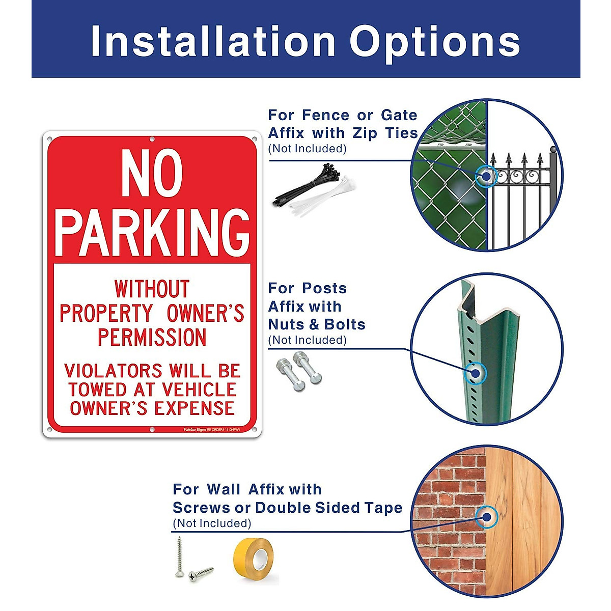 No Parking Without Property Owner's Permission Sign, Violators Will Be Towed at Vehicle Owner's Expense (3 Pack) 14 x 10 Inches .40 Rust Free Aluminum Reflective Sign, UV Protected,Weather Resistant,W