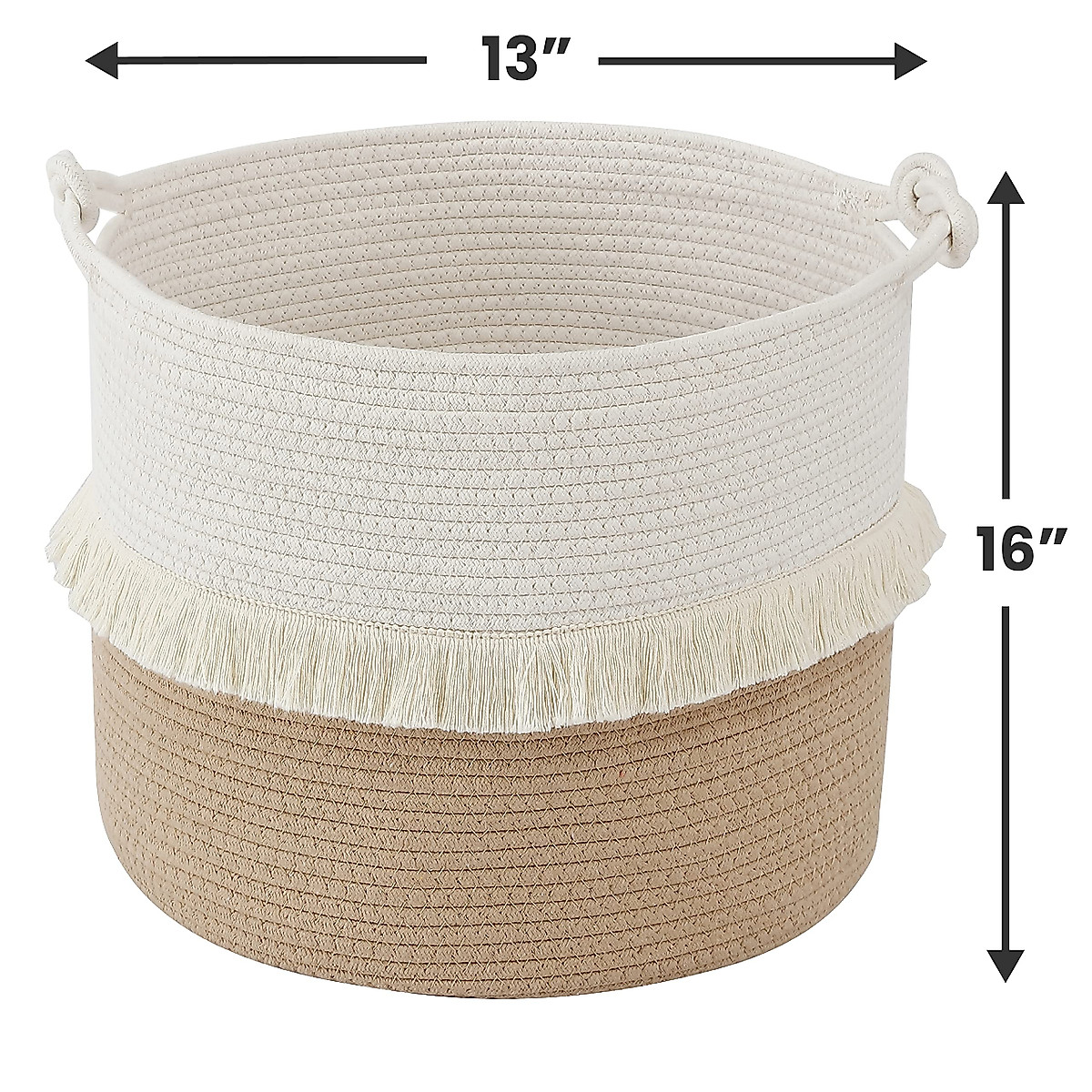 Organizix Round Woven Boho Cotton Rope Storage Tassels Basket, Laundry Basket Hamper, Decorative Fringe with Knot Handles, Toys and Blanket Basket for Nursery, White/Brown, 13 x 16