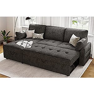 PaPaJet Pull Out Sofa Bed, Modern Tufted Convertible Sleeper Sofa, L Shaped Sofa Couch with Storage Chaise, Chenille Sectional Couch Bed for Living Room (Dark Grey)