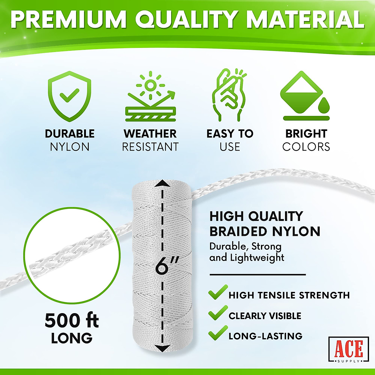 White Mason Line String Line - #18 Braided Nylon String - 250 Ft Length - Nylon Twine for Gardening Or Masonry Tools - Perfect Construction String for A String Level, Twine String for Gardening