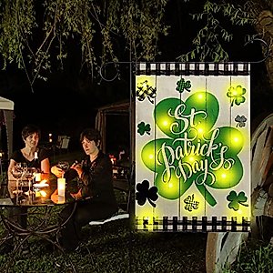 St Patricks Day Lighted Garden Flag 12x18 Double Sided Buffalo Check Plaid Durable Burlap Shamrock Garden Flag with Led Lights for Lawn Party St Patricks Day Outdoor Decorations (Style 1)