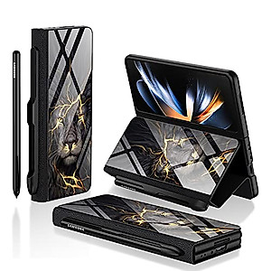Breclar for Samsung Galaxy Z Fold 4 Case with S-Pen Pocket Luxury Flip Plating Glass Crystal Hybrid Leather All-Inclusive Cover, with S Pen Holder for Samsung Z Fold 4 5G 2022 (Lion)
