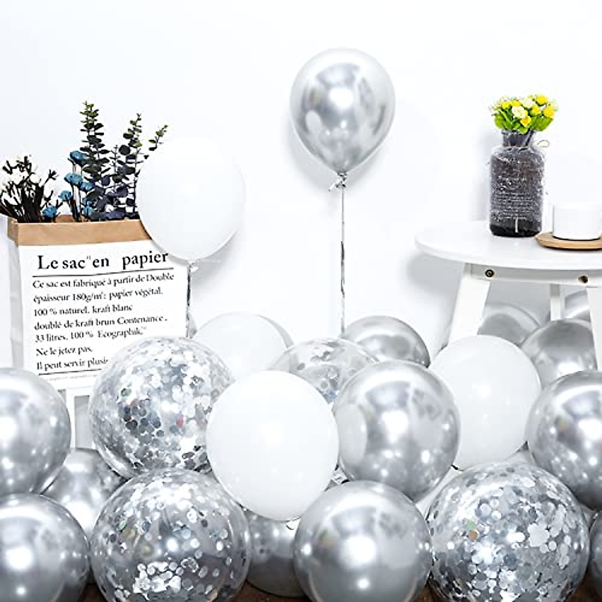 60 PCS White Silver Confetti Latex Balloons, 12 inch Silver Metallic Balloon with White Latex Balloons for Wedding Birthday Baby Shower Decorations
