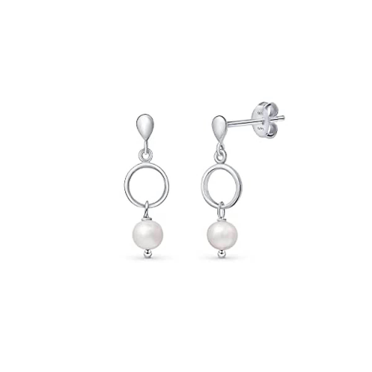 Amberta Women 925 Sterling Silver Freshwater Pearl Earrings: 5 mm Silver Pearl Drop Earrings - Silver