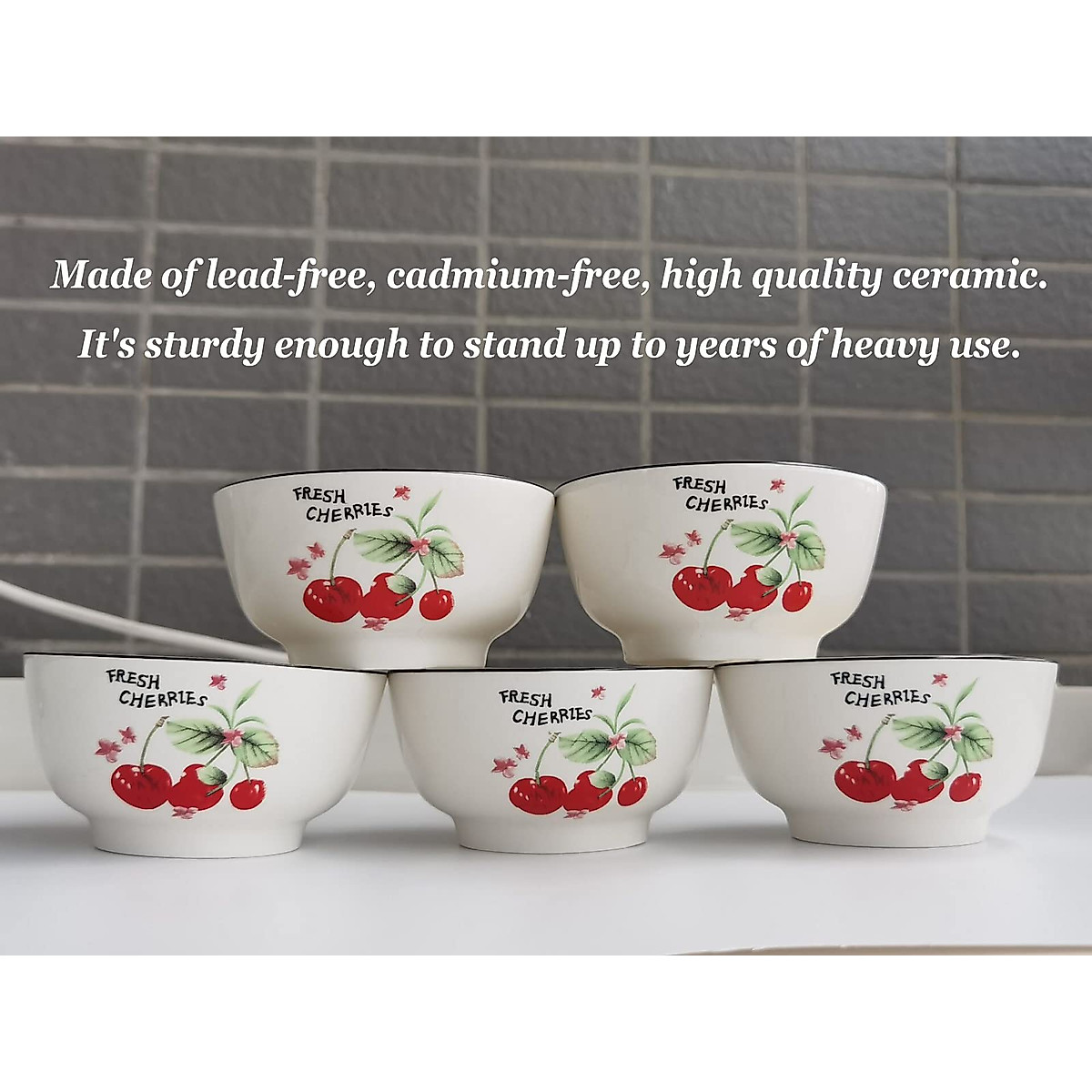 5 Pack Ceramic Bowls With Cherry Pattern, 4.64" x 2.36" Porcelain Bowls, Salad Bowls Ramen Bowls for Kitchen Restaurant Serving Bowls, Large Capacity Ceramic Bowls, Dishwasher Safe & Microwave Safe
