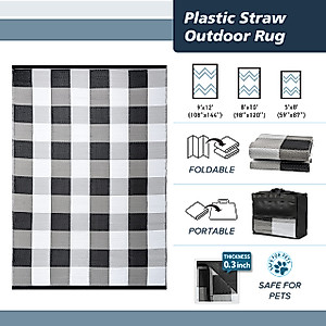 Lena Rug Buffalo Plaid Outdoor Rug Waterproof for Patio RV Camping Picnic Balcony Plastic Straw Rug Grey White 5x7