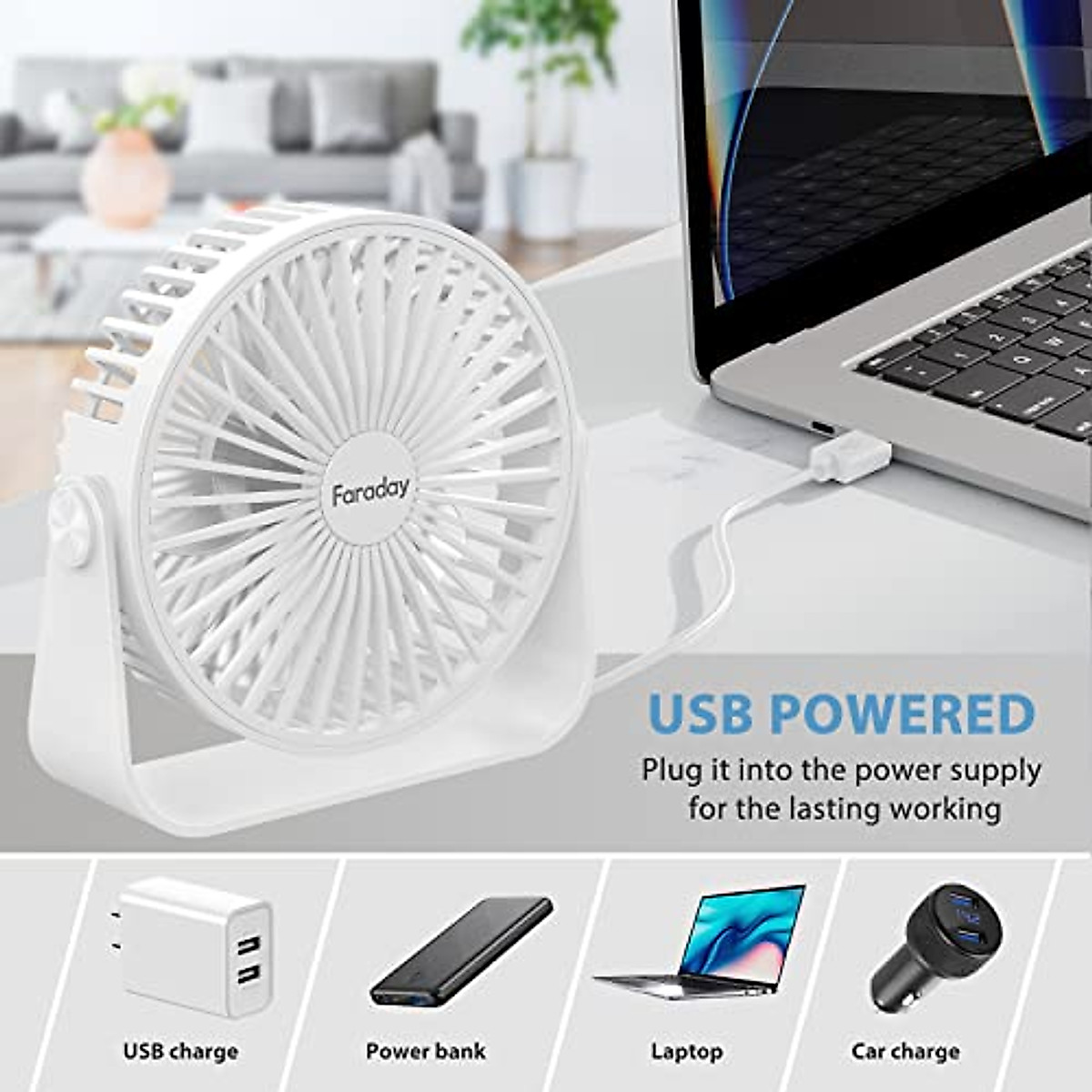 FARADAY USB Desk Fans 5 Inches Portable Table Fans 360° Head Rotation Small Personal Desktop Fan for Home Office, 3 Speeds, White