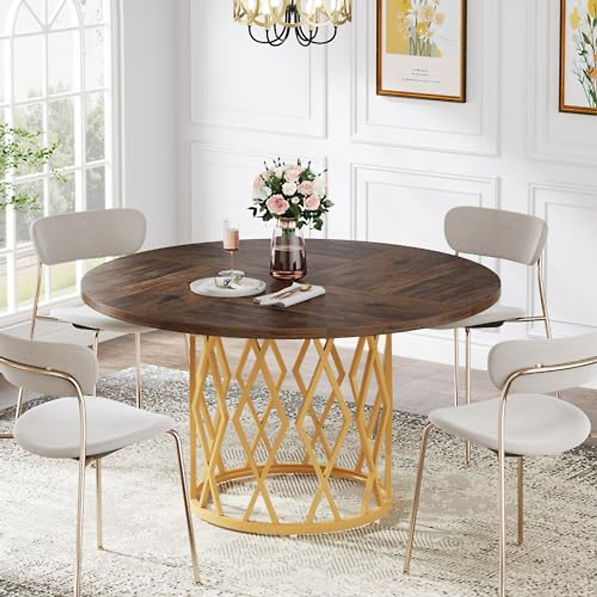 Tribesigns Round Dining Table for 4 People, Circle Dining Room Table with Metal Base, 47.2 Inch Round Kitchen Dinner Table for Living Room Kitchen Dining Room (Gold and Brown)