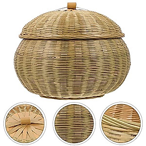 YARNOW Bamboo Woven Basket with Lid Rattan Braid Chess Cans Wicker Bowls Round Seagrass Baskets Boho Home Decor for Home Kitchen Snake Appetizer Food Storage 28X28CM