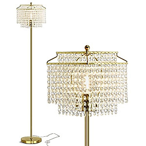Luvkczc Crystal Floor Lamp Gold, Double-Layer Lampshade, Elegant Standing Lamp, Bedroom Standing Lights, Tall Standing Lamps for Living Room, Bedroom, Office, 8W LED Bulb Included