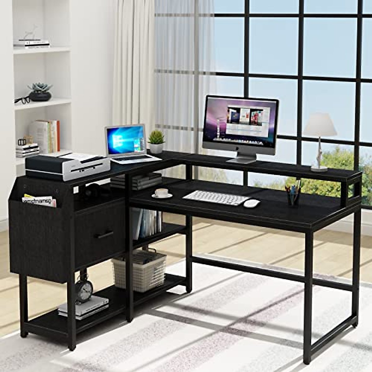 Loomie Reversible L Shaped Computer Desk with Drawer, 55" W x 41" D Industrial Corner Computer Desk with 4 Tier Storage Shelves & Monitor Stand and Storage Bag, Study Table for Home Office, Black