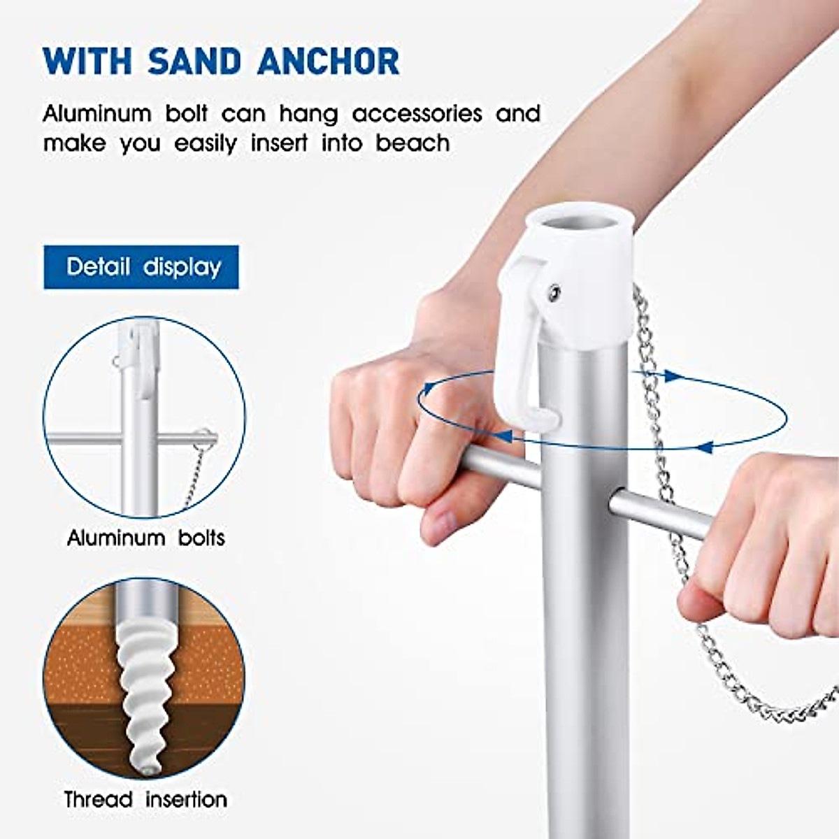 Beach Umbrella for Sand Wind Portable: 7FT Arc Length 6.5FT Diameter Heavy Duty Wind Resistant Striped Large Umbrellas UV 50+ Parasol with Anchor Screw Adjustable Height Tilting Pole 8 Ribs Carry Bag Lightweight