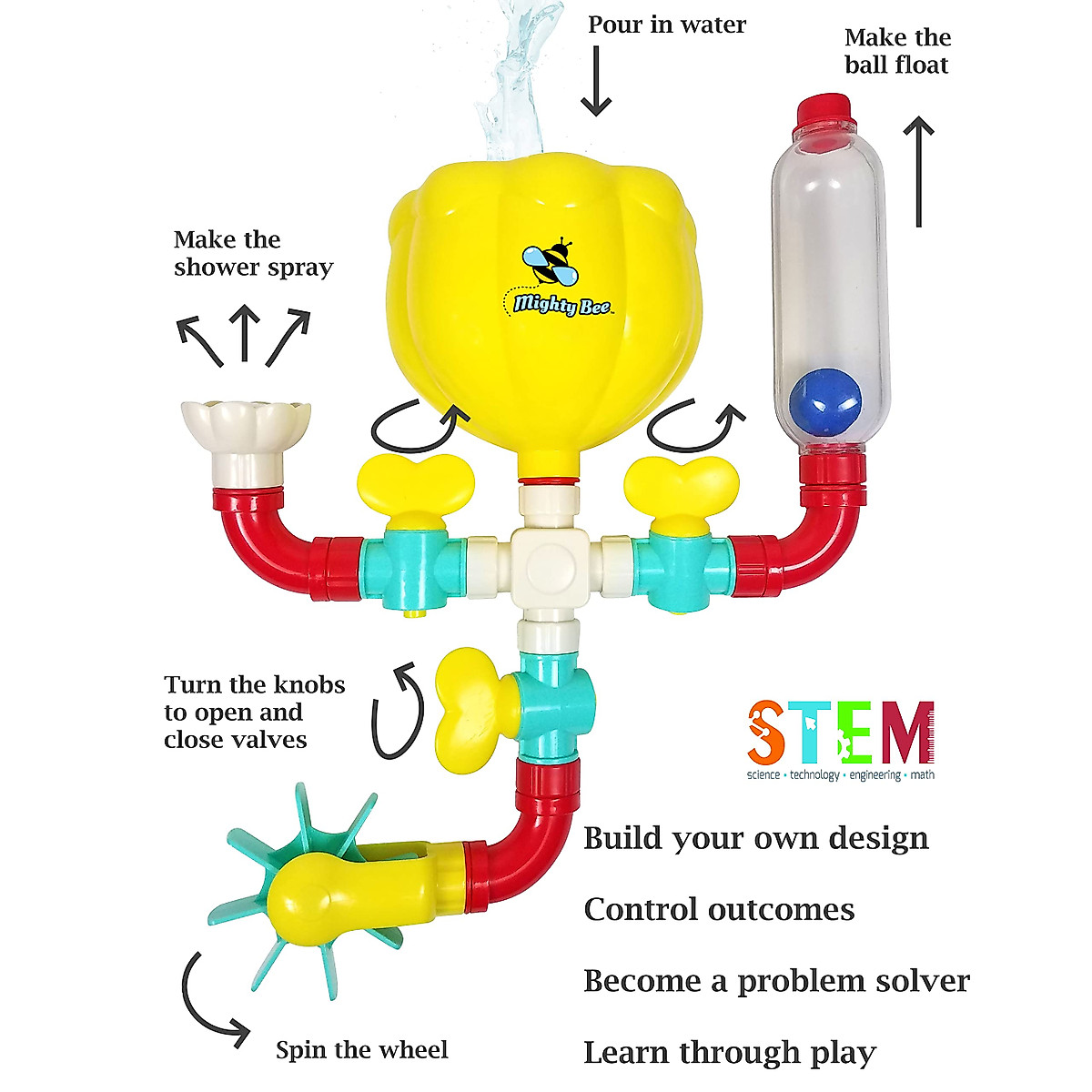 Mighty Bee Bath Toy - Toddler Bath Toys for Kids Ages 4-8, Engaging STEM Bathtub Toys - Original Pipes N Valves Set - 12 Pieces