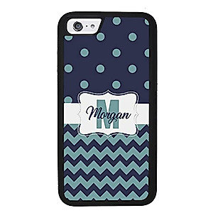 Teal Dark Blue Polka Dot Chevron Personalized Apple iPhone Black Rubber Phone Case Compatible with iPhone 14 Pro Max, Pro, Max, iPhone 13 Pro Max Mini, 12 Pro Max Mini, 11 Pro Max X XS Max XR 8 7 Plus