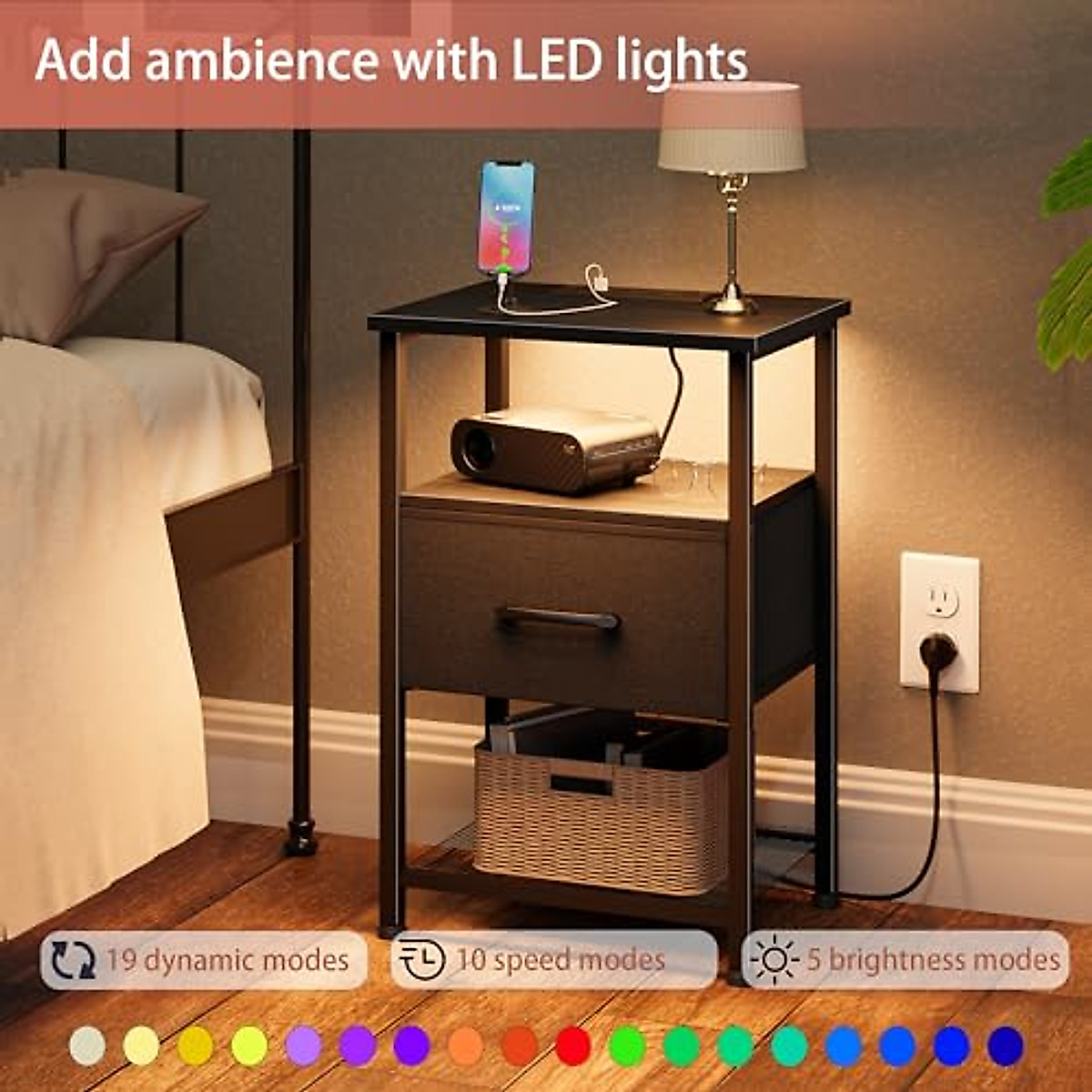 LAKEMID Nightstands Set of 2 with Charging Station and Drawer, End Table Bedside Table with 20 Colors LED Light Strip and 2 Layers Shelf for Bedroom Living Room Sofa Couch (Black)