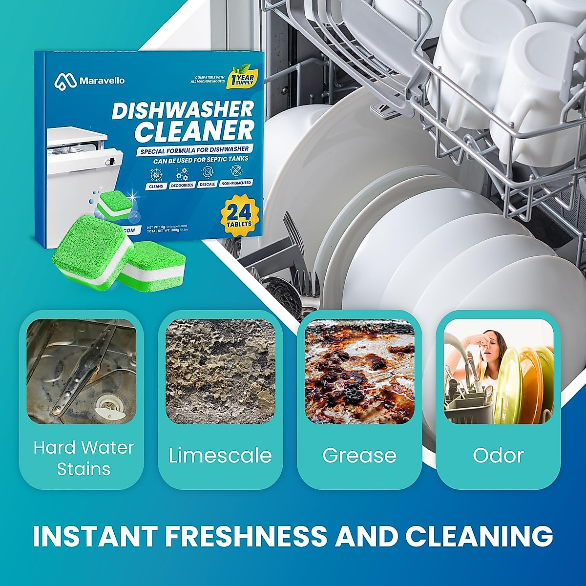 Maravello Dishwasher Cleaner and Deodorizer – 24 Tablets – Dish Washer Machine Deep Clean Descaler Pods for Heavy Duty Grease, Limescale, Hard Water, and Calcium – 12 Months Supply