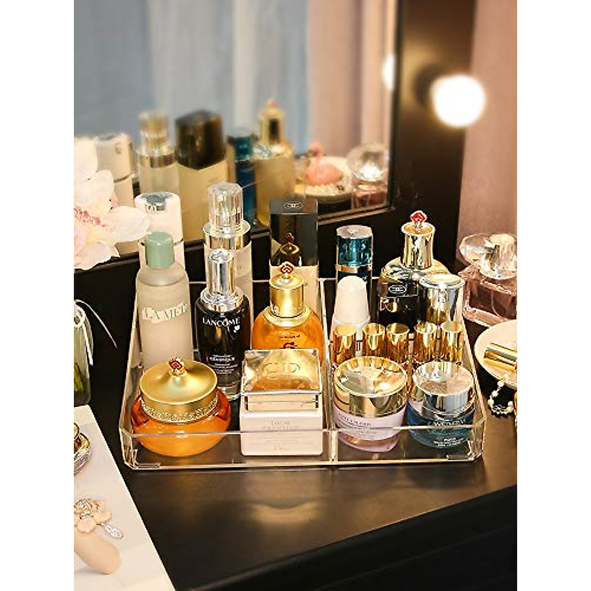 Clear Acrylic Makeup Organizer Tray,9 Spaces Cosmetic Display Case Storage Box for Lipstick,Makeup Brushes and Skin Care Product,13.8"x8.3"x3.6",Pack of 1