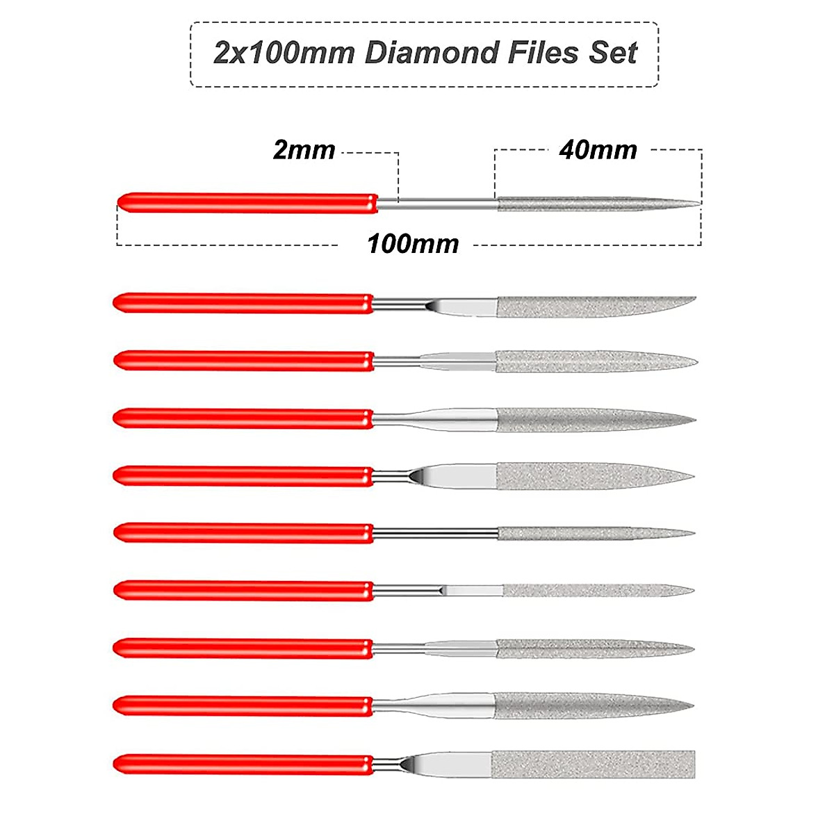 Saipe 10 Pcs Mini Diamond Needle File Set Diamond Files Mini Needle Set for Jewlery Metal Glass Stone Grinding, Polishing and Engraving (2x100mm)