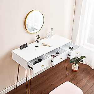 White Dressing Table Bedroom Vanity Table Chair Set with Cushioned Stool Wall Mount Mirror 3 Drawers Gold Hairpin Legs Makeup Table